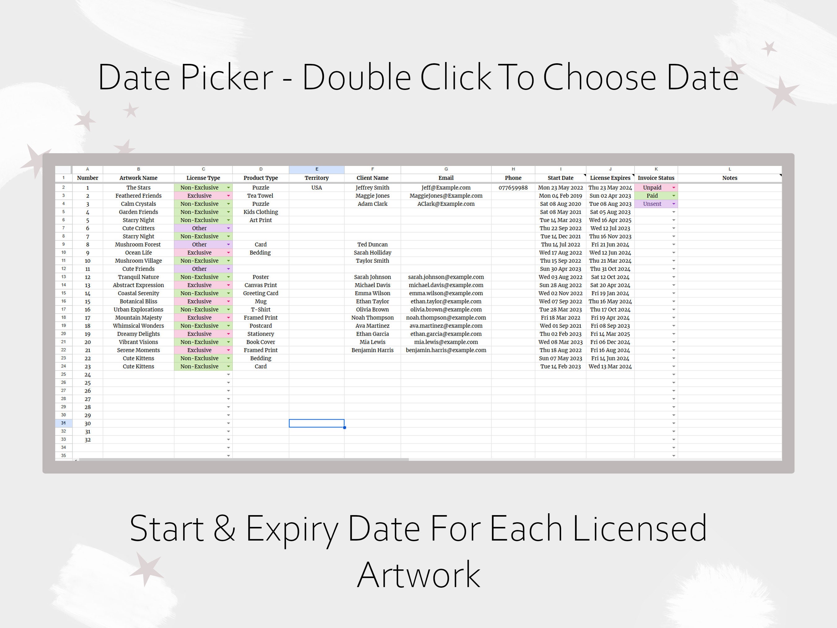 Art Licenses Tracker Spreadsheet, Art Licensing Manager Spreadsheet ...