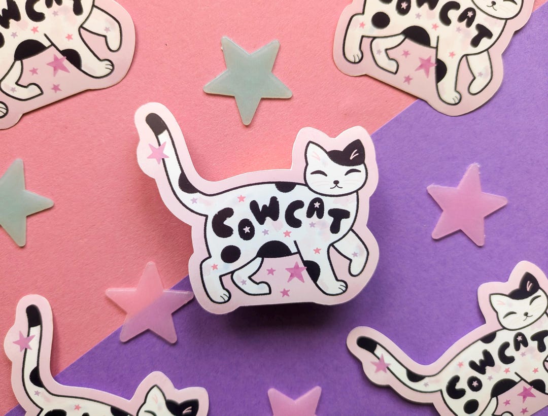 Cow Cat Glossy Sticker, Tuxedo Cat Art - Etsy