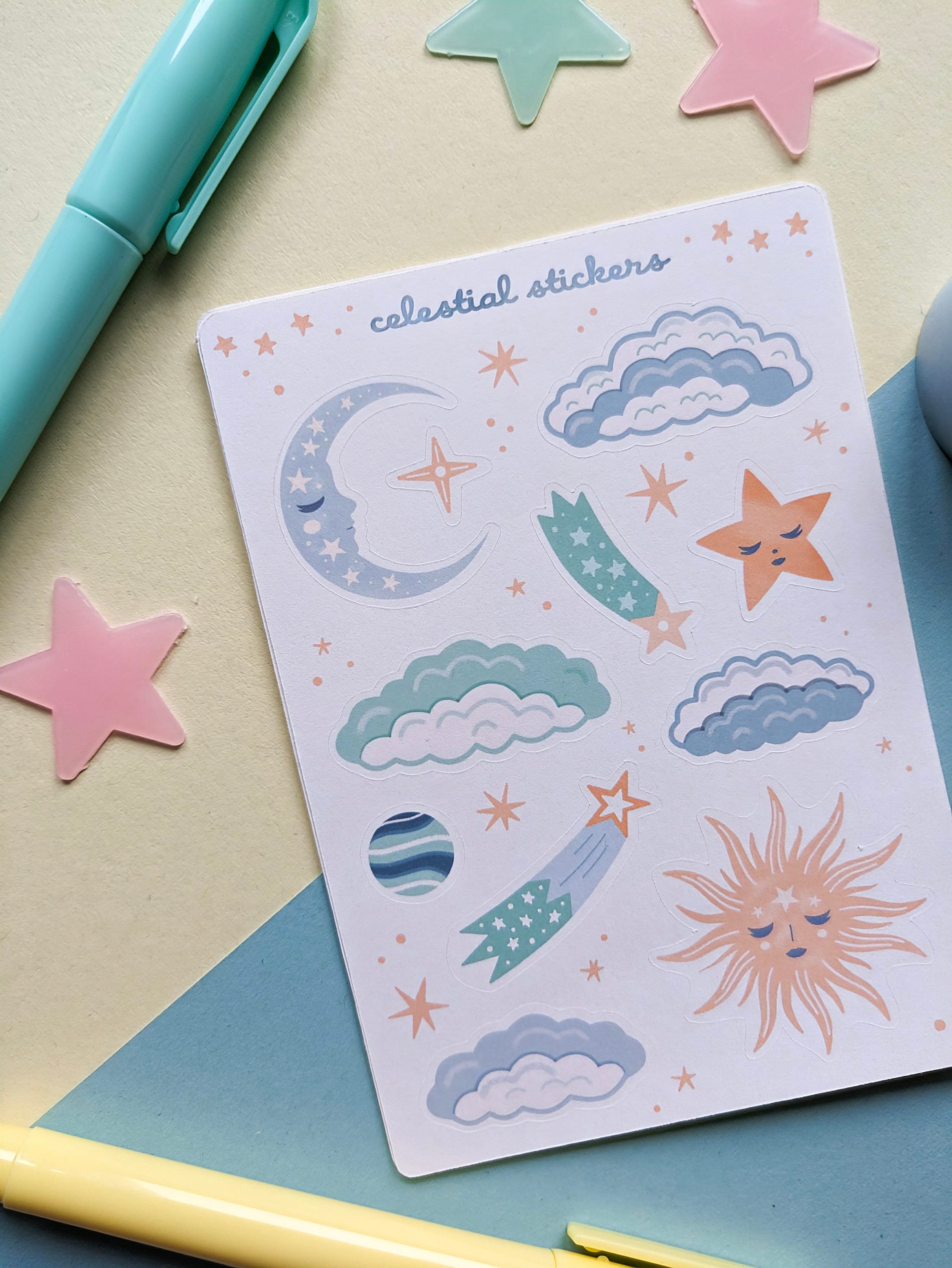 Celestial Clouds Pastel Sticker Sheet, Magical Sun and Moon Stickers ...