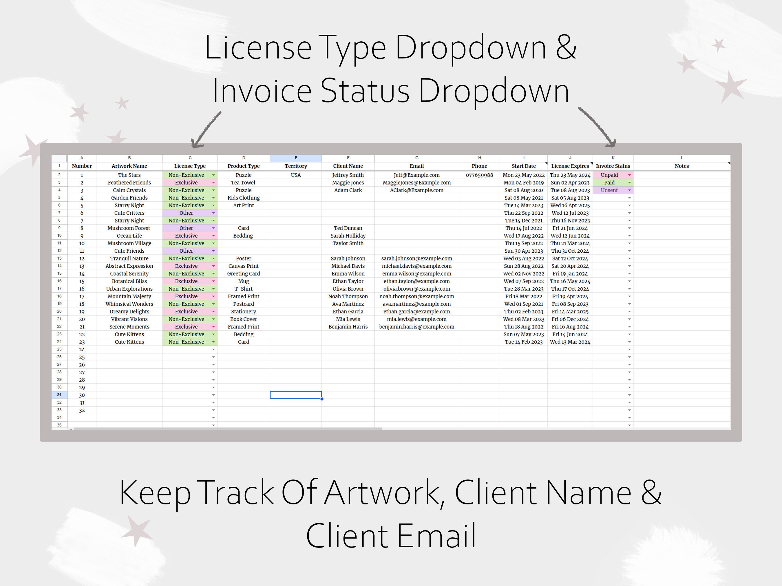 Art Licenses Tracker Spreadsheet, Art Licensing Manager Spreadsheet ...