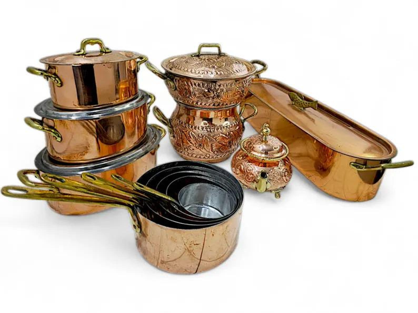 Vintage Copper Cookware Set: French Country Kitchen Decor, Fish Poacher ...