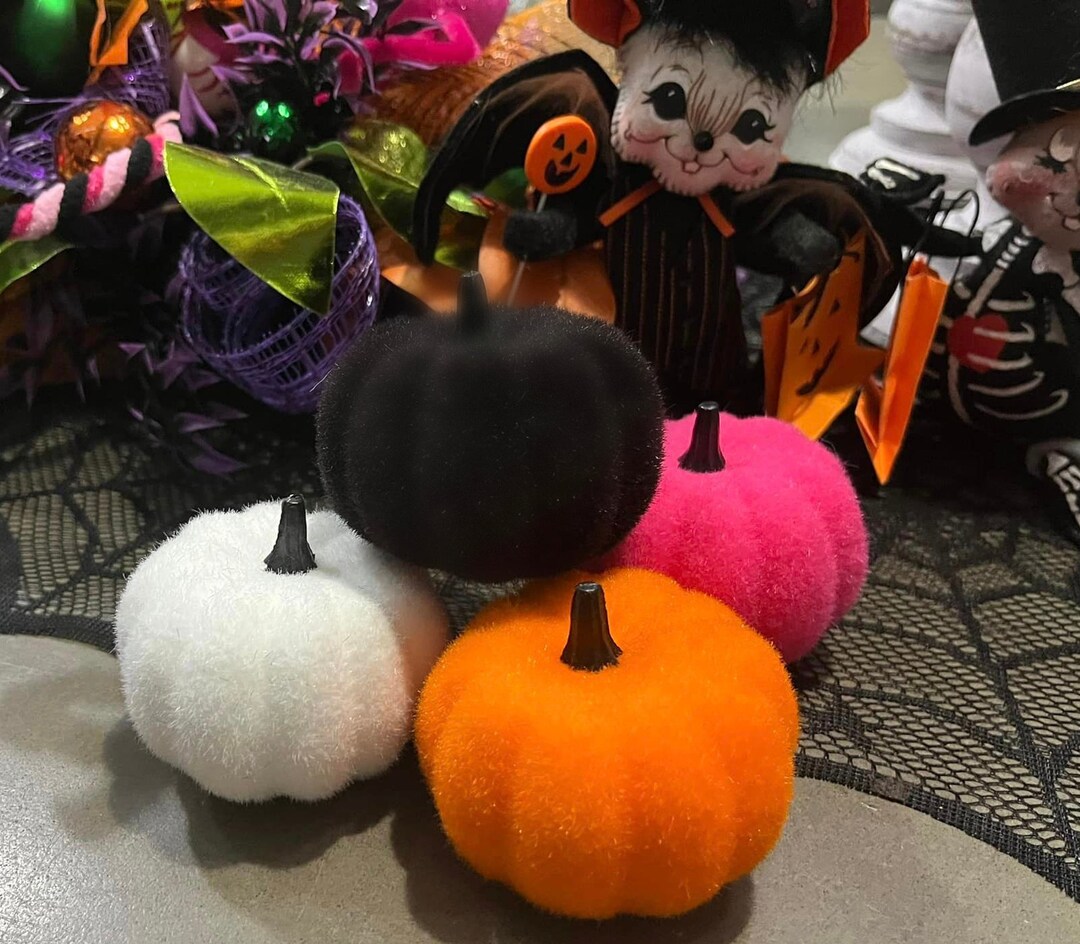 New 4 Mini Flocked Pumpkins Halloween Decorative Accent Decor 2" Orange ...