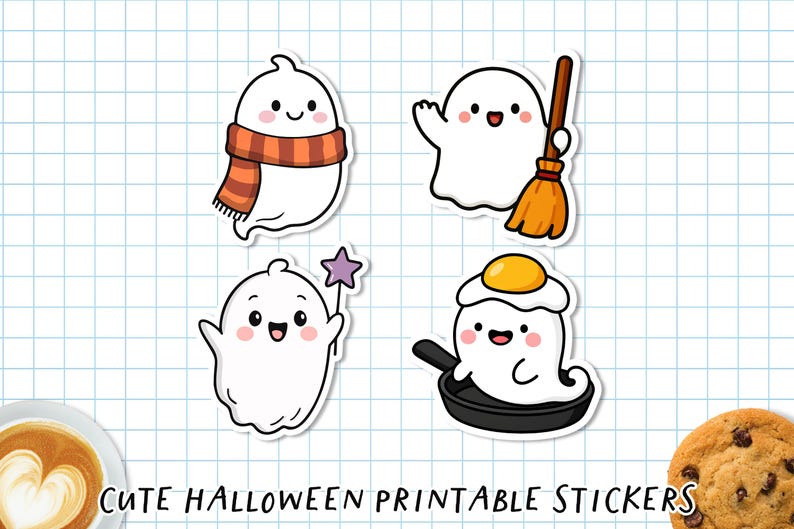 Kawaii Halloween Ghost Stickers: Spooky Clipart PNG Bundle (digital ...