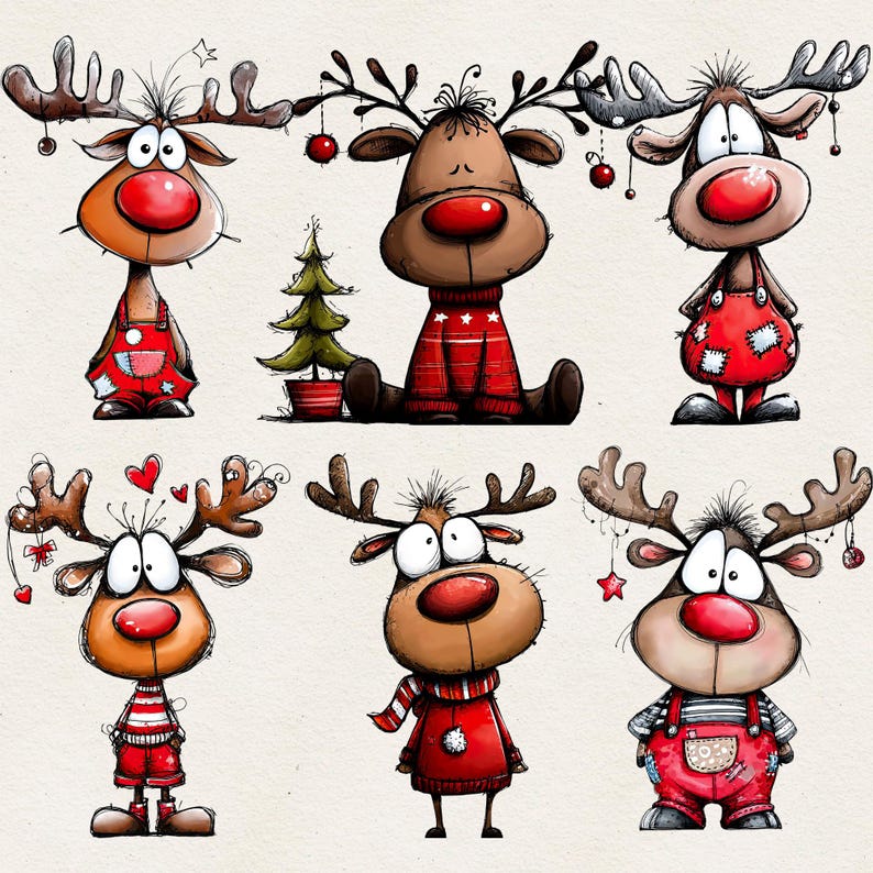 Christmas Reindeer Clipart Bundle | Hand-drawn Holiday PNG Set - Etsy