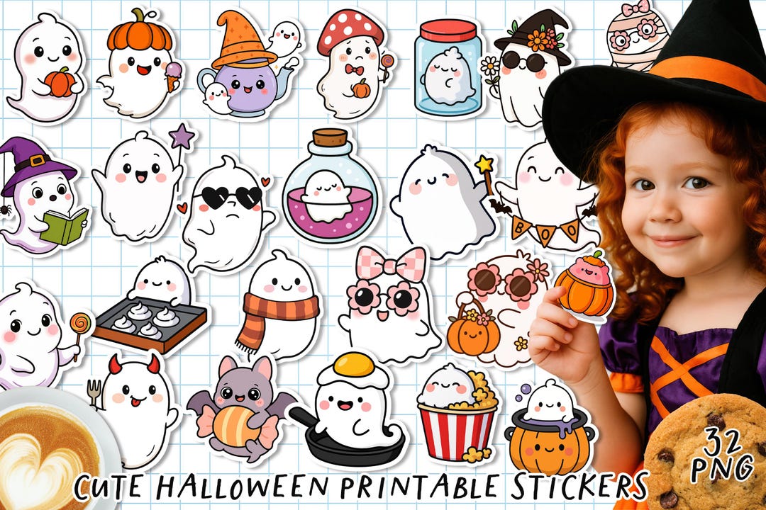 Kawaii Halloween Ghost Stickers: Spooky Clipart PNG Bundle (digital ...