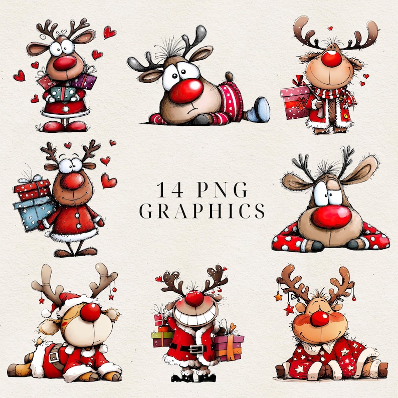 Christmas Reindeer Clipart Bundle | Hand-drawn Holiday PNG Set - Etsy