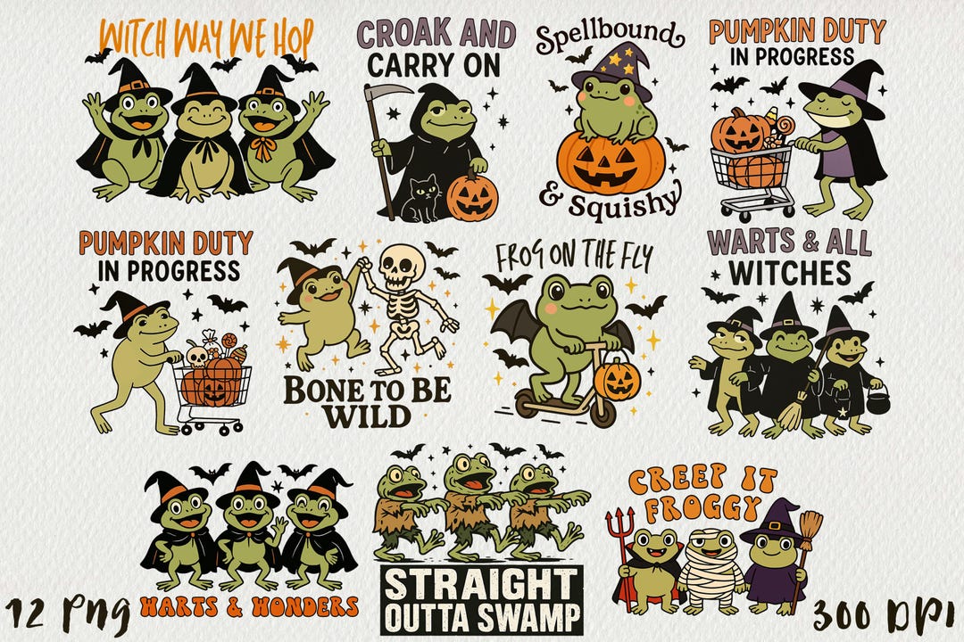 Halloween Frog PNG Bundle – Cute Witch Frog Clipart – Funny Spooky ...
