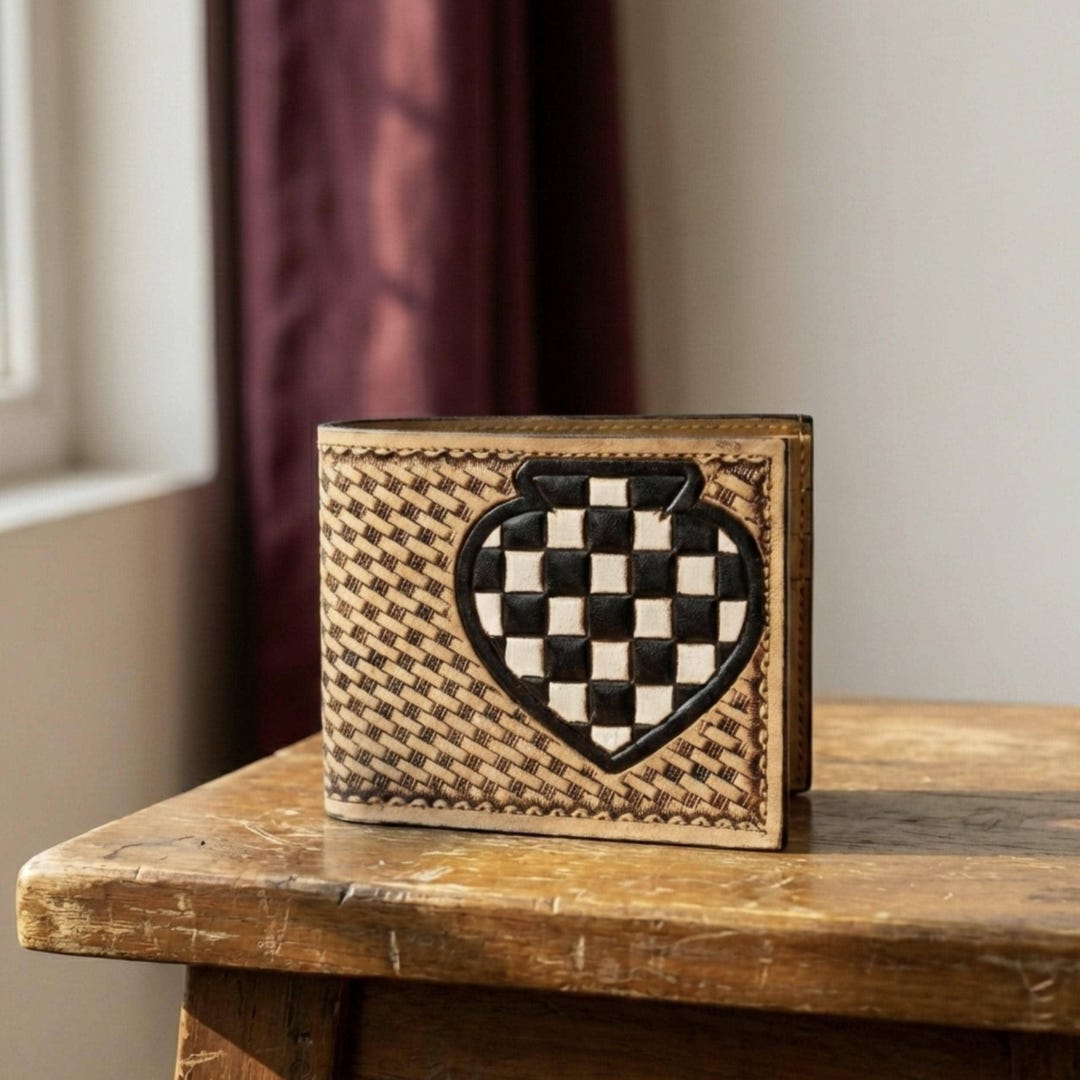 Leather Wallet Hand Tooled Chess Board Design Full Grain Western Bifold ...