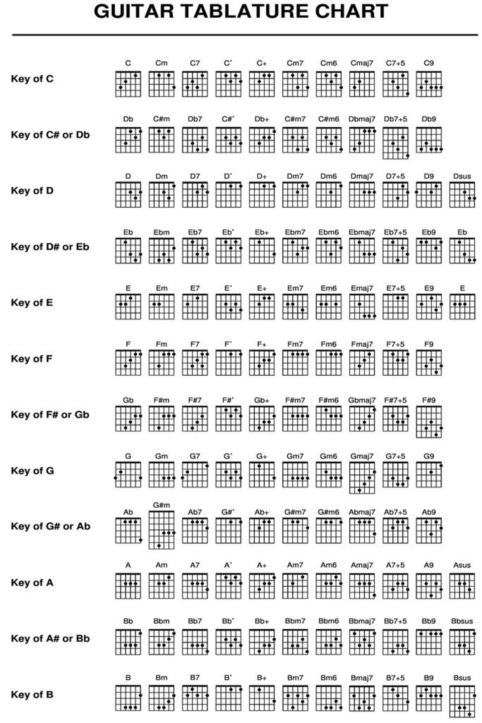Guitar Tabs Learning Music Keys Chart Poster Tablature Notes Frets ...