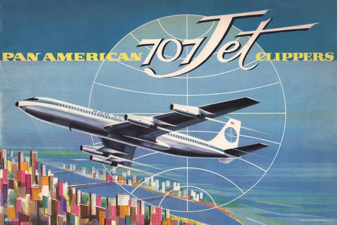 Pan Am 707 Airplane Jet Logo American Vintage Travel Ad Airline Airport ...