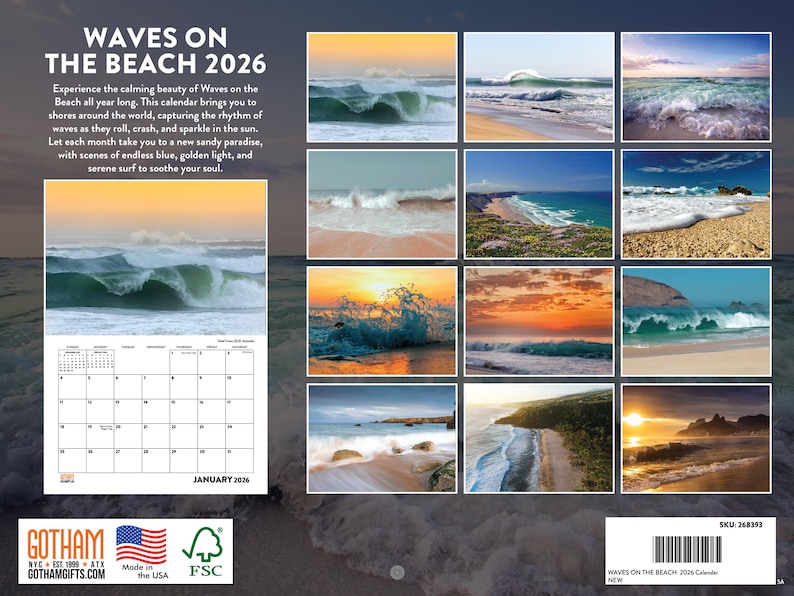 Ocean Waves Calendar 2026 Beach Monthly Wall Calender 12 Month ...