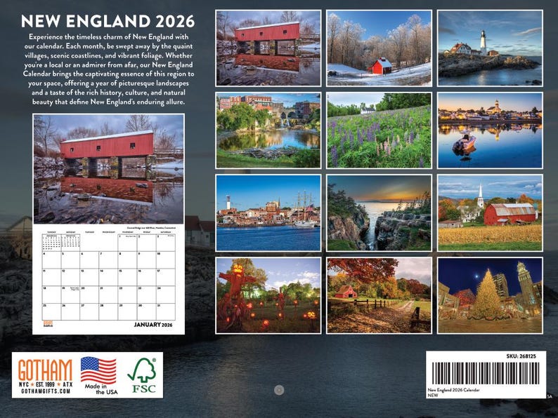 New England Calendar 2026 Monthly Wall Calender 12 Month | American ...
