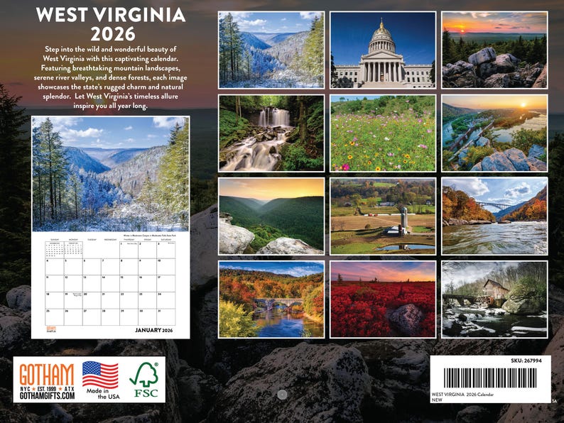 West Virginia Calendar 2026 Monthly Wall Calender 12 Month | American ...