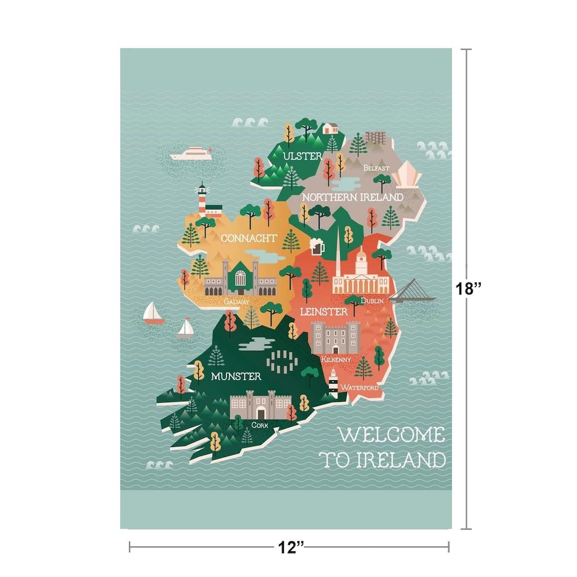 Ireland Map Landmarks Cities Travel Illustration Poster 12x18 - Etsy