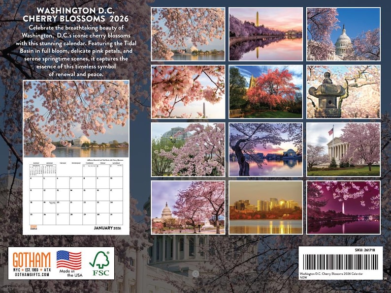 Washington DC Cherry Blossom Calendar 2026 Monthly Wall Calender 12 ...