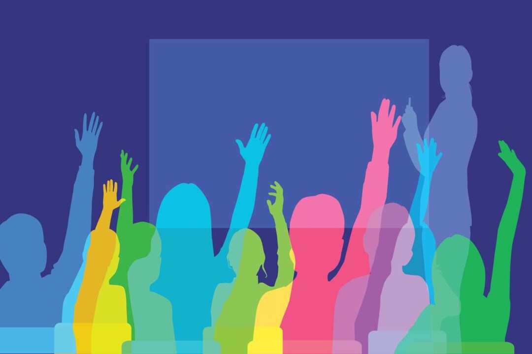 School Children Raising Hands in Classroom Colorful Graphic Poster ...