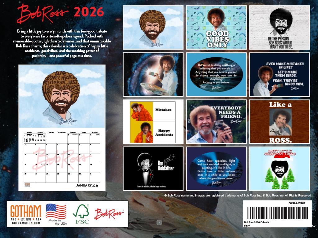 Bob Ross Calendar 2026 Monthly Wall Calender 12 Month | American Made ...