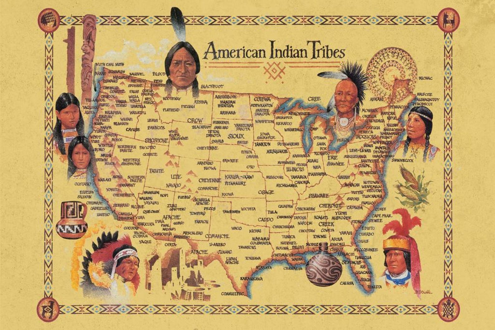 American Indian Tribes at Time of Columbus Arrival Vintage Map Poster ...