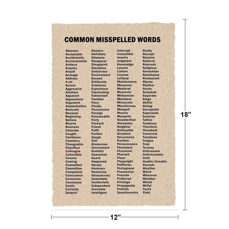 Common Misspelled Words Classroom Spelling Chart Poster Writing ...