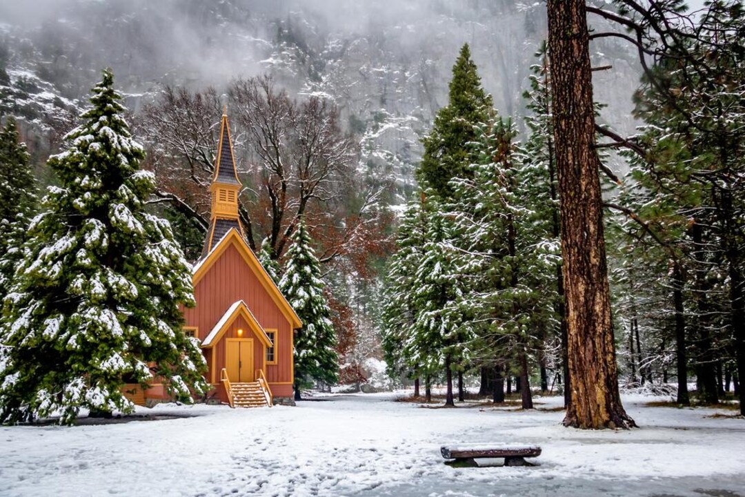 Yosemite Chapel Winter Scene Photo Print, National Park Wall Art (18x12 ...