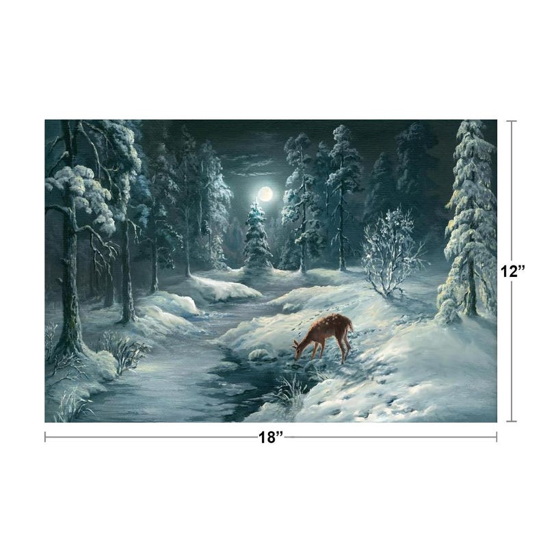 Winter Forest Deer Art Print, Snowy Night Landscape Poster (18x12) - Etsy