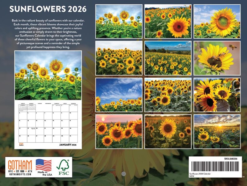 Sunflower Calendar 2026 Monthly Wall Calender 12 Month | American Made ...