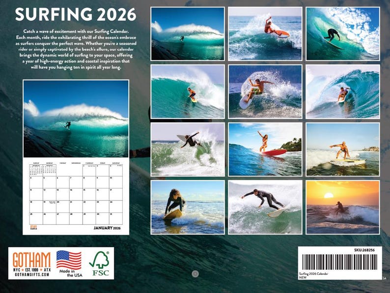Surfing Calendar 2026 Surf Monthly Wall Calender 12 Month | American ...