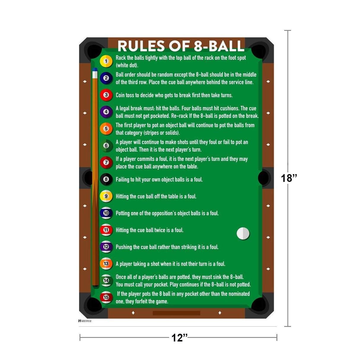 Rules of 8 Ball Pool Eight Billiards Table Game Cue Room Chart Art ...