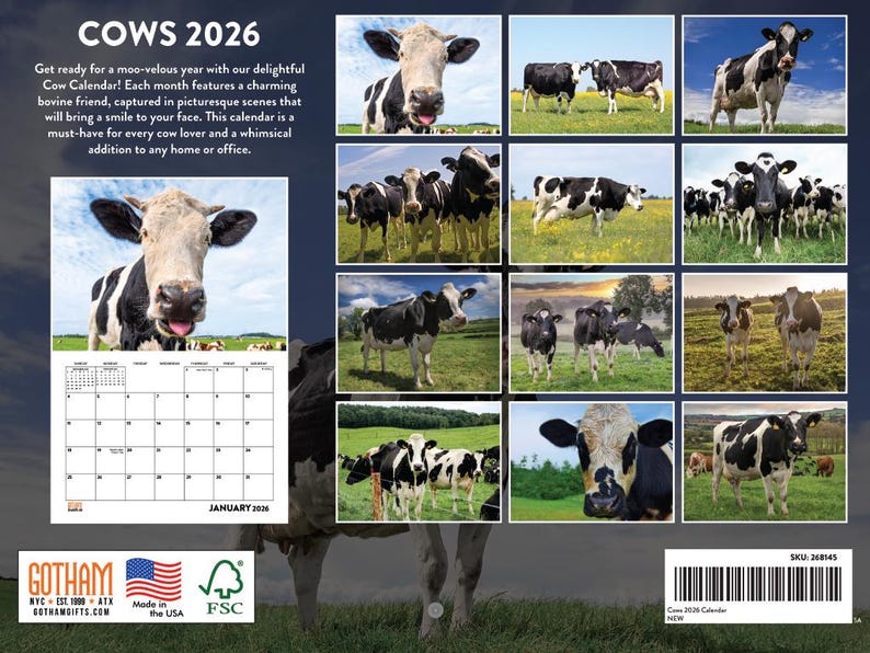 Cow Calendar 2026 Monthly Wall Calender 12 Month | American Made in the ...