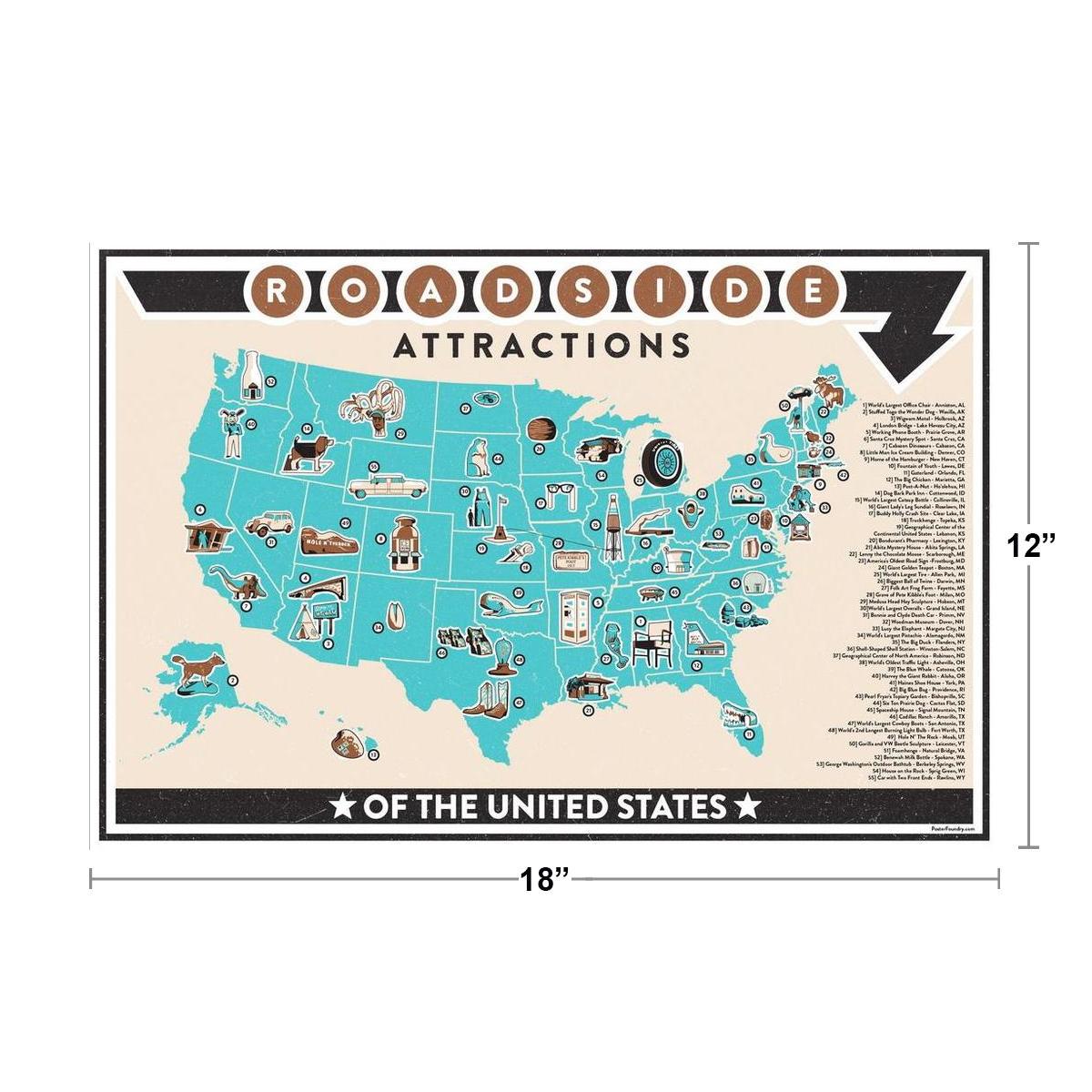Roadside Attractions of America Map Chart USA Road Art Print Poster ...