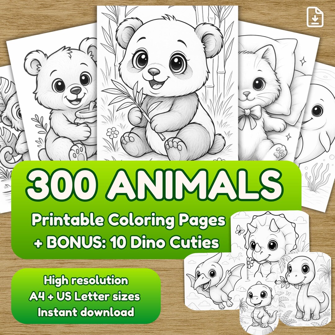 Mega Bundle Coloring Book | 300 Cute Animals + 10 Dinosaurs Bonus ...