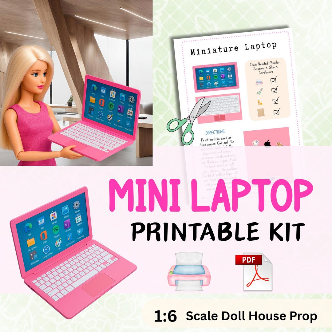 MINI PINK LAPTOP Printable Kit for 1:6 Scale. Dollhouse Computer Prop ...