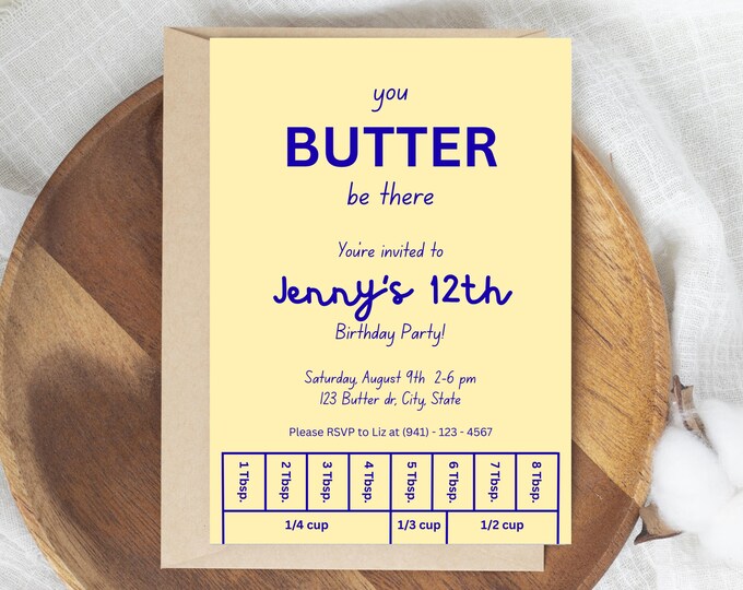 Butter Birthday Invitation Butter Yellow Blue Invite Editable Invite ...