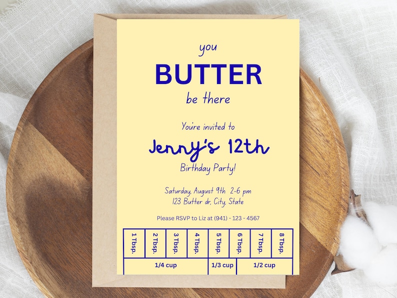 Butter Birthday Invitation Butter Yellow Blue Invite Editable Invite ...