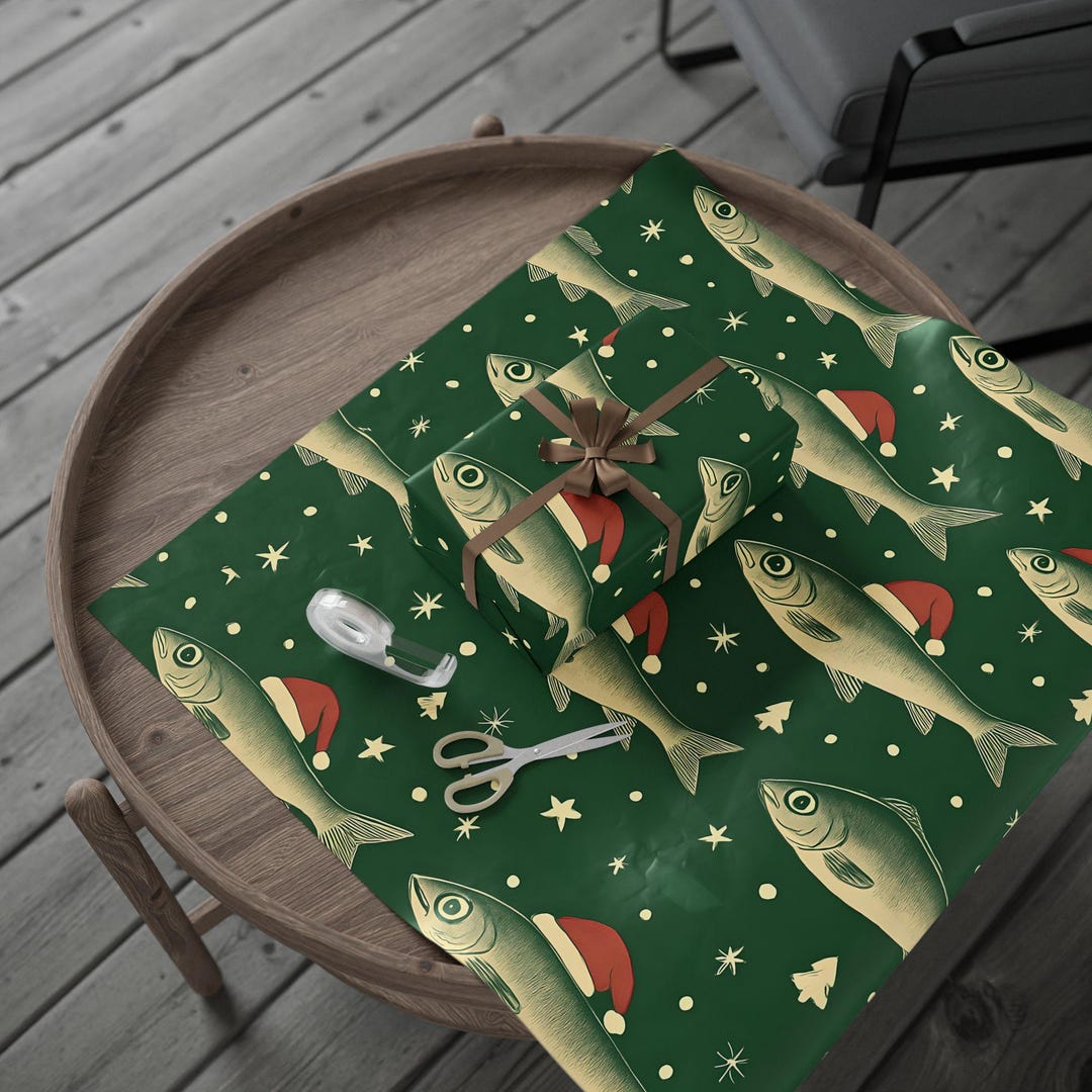 Festive Fish Wrapping Paper, Unique Holiday Gift Wrap, Christmas ...
