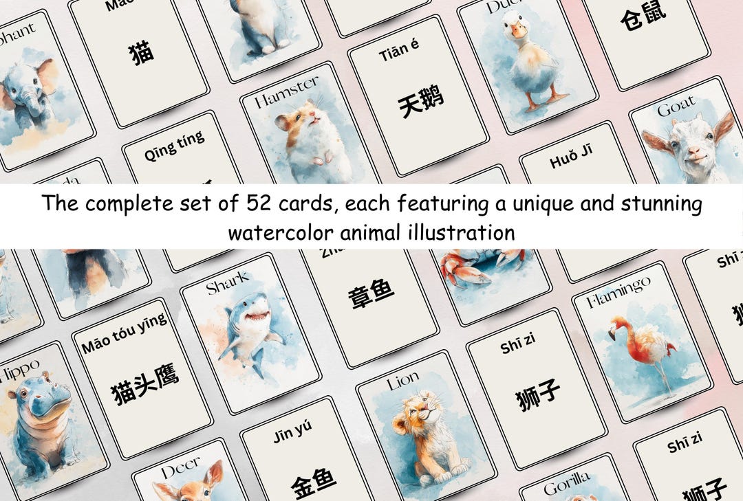 52 Watercolor Animal Flashcards - English & Chinese - Double-sided ...