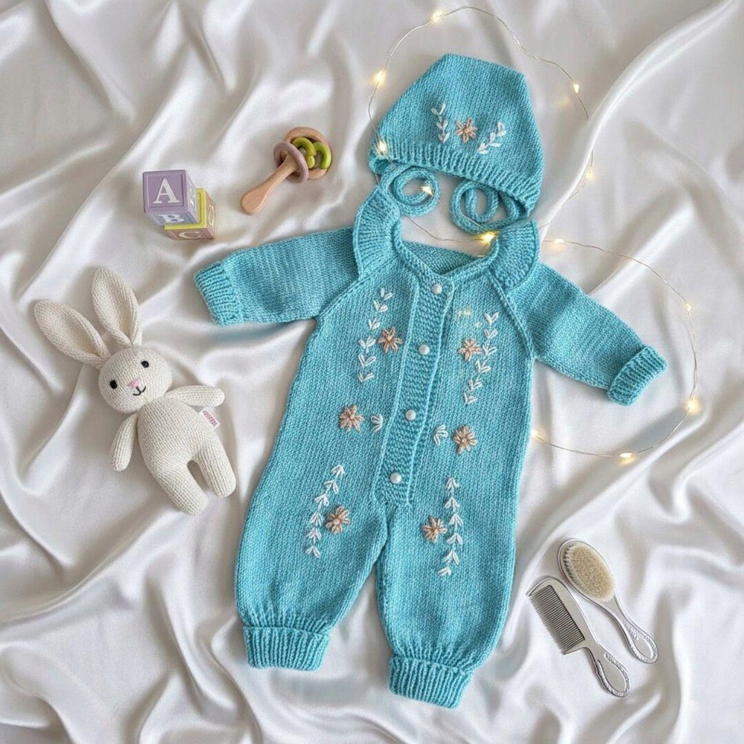 Hand Embroidered Baby Romper Set, Turquoise Knit Outfit - Etsy