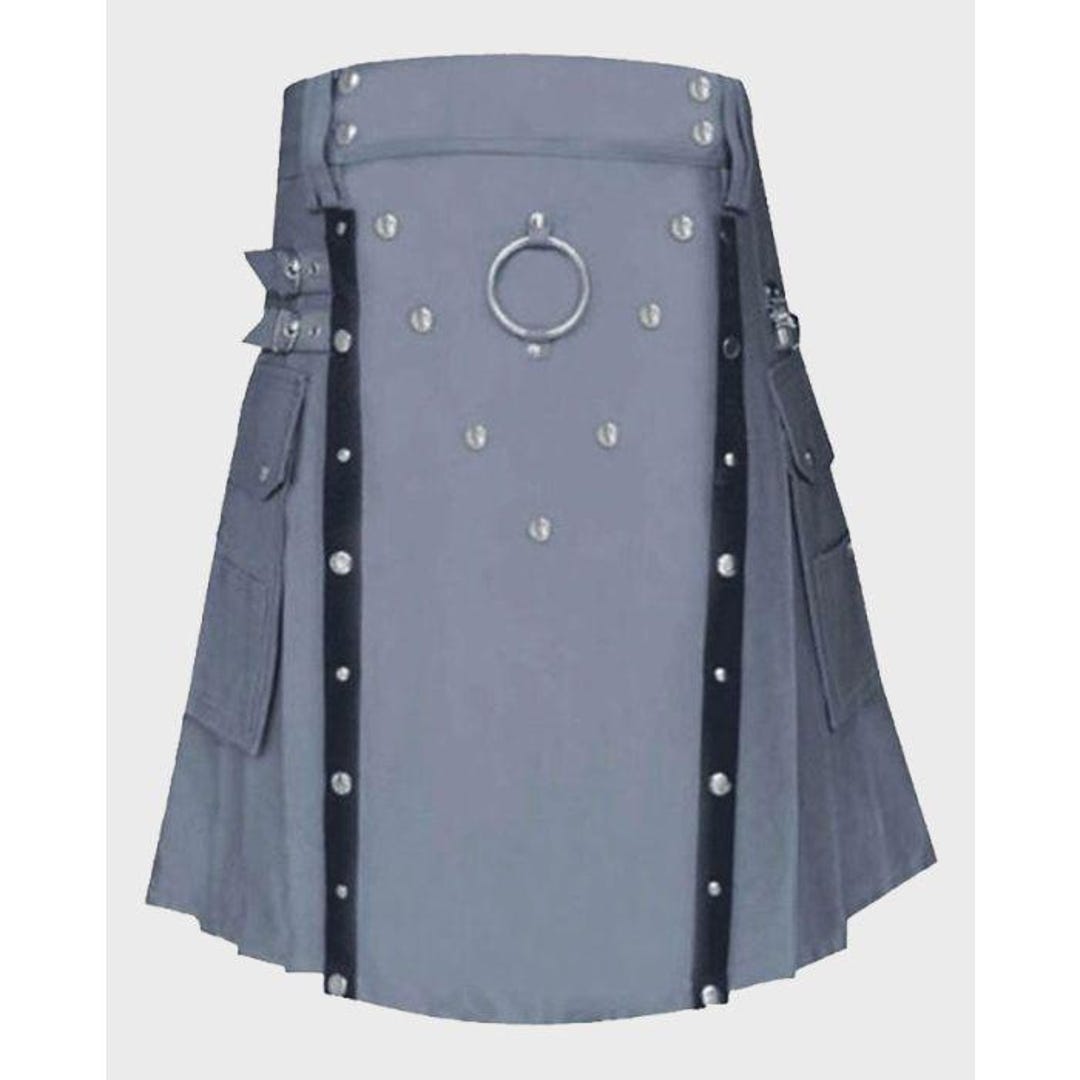 Gray Utility Kilt With Leather Straps for Men | Tactical Cotton Kilt ...