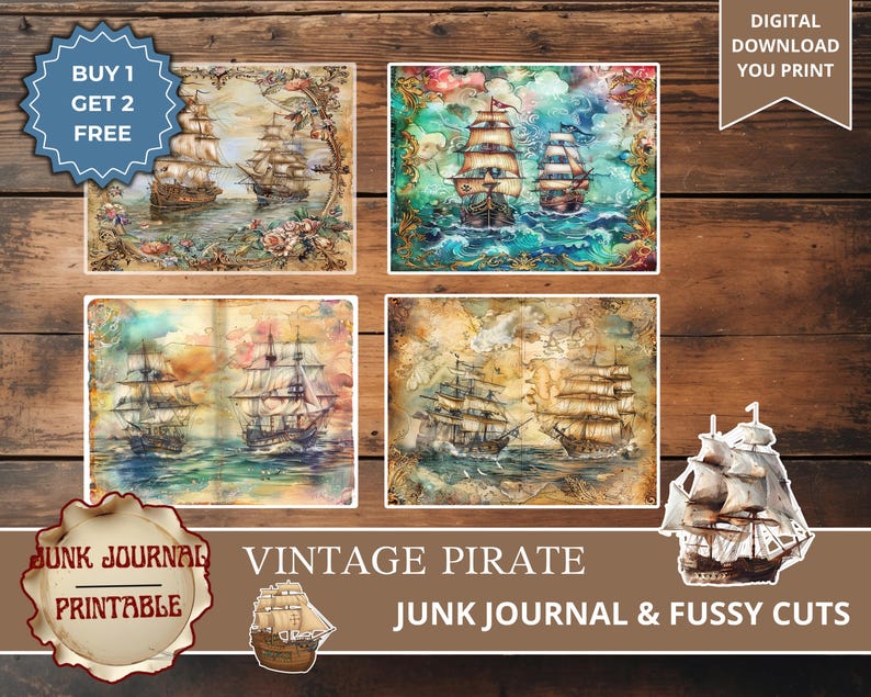 Pirate Junk Journal Printable Kit, Ship Clipart, Vintage Papers ...