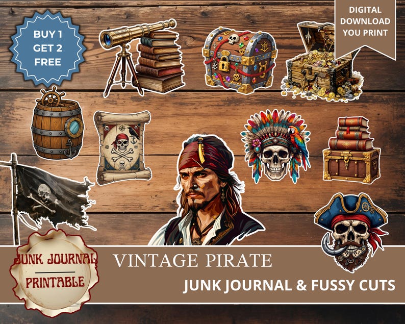 Pirate Junk Journal Printable Kit, Ship Clipart, Vintage Papers ...