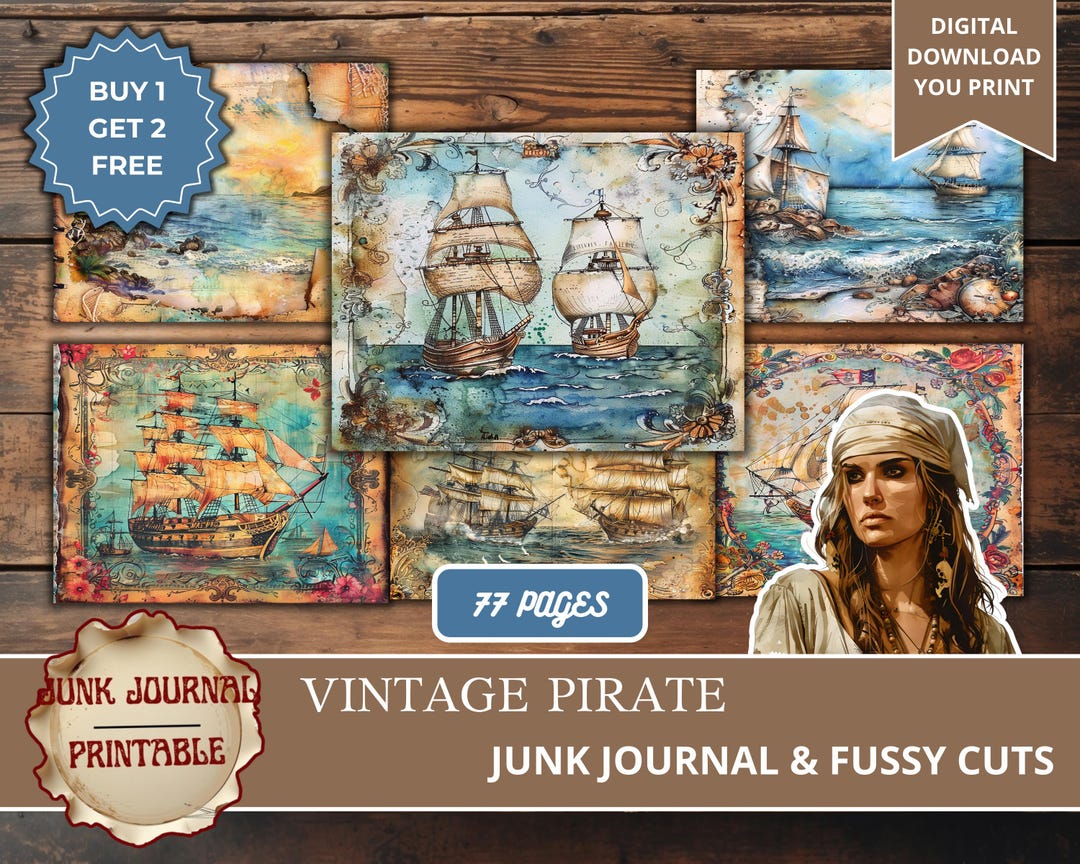 Pirate Junk Journal Printable Kit, Ship Clipart, Vintage Papers ...