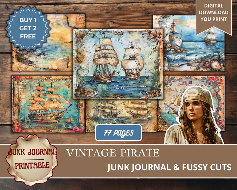Pirate Junk Journal Printable Kit, Ship Clipart, Vintage Papers ...