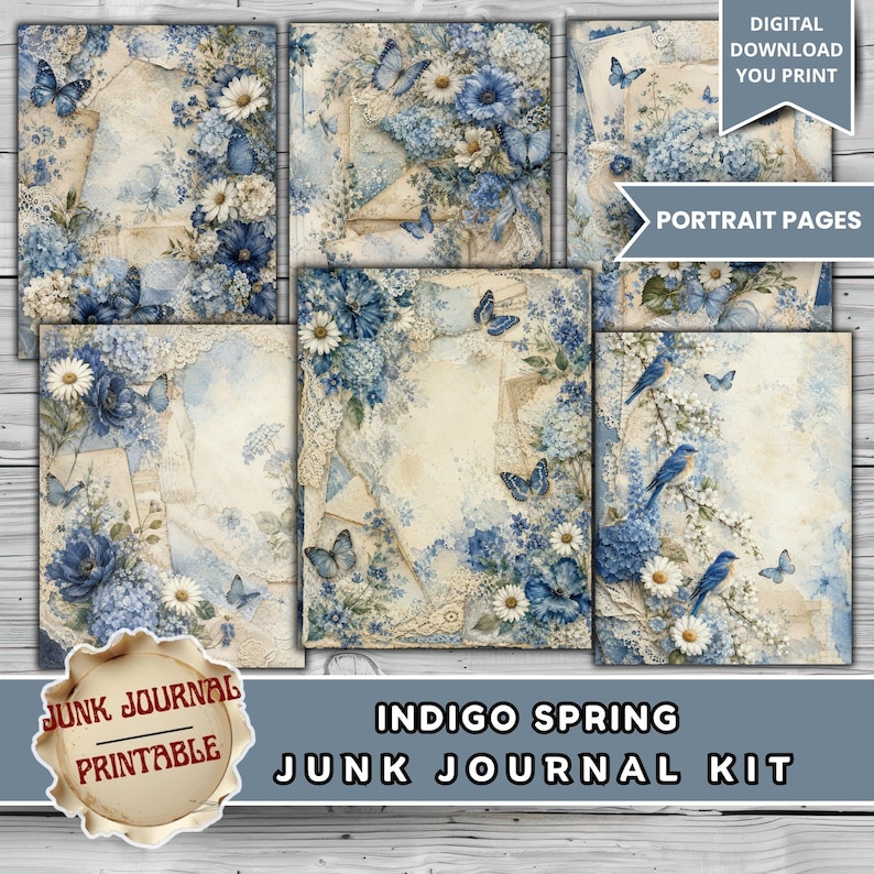 Indigo Spring Junk Journal Kit Printable, Blue Floral Ephemera Supplies ...