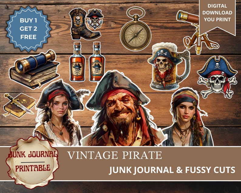 Pirate Junk Journal Printable Kit, Ship Clipart, Vintage Papers ...