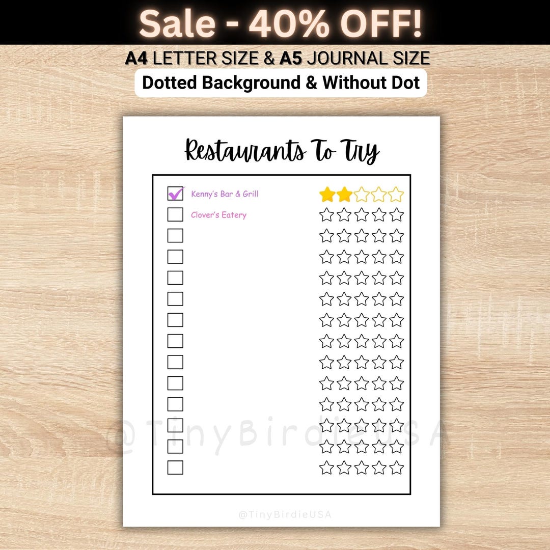 Restaurants to Try List - PRINTABLE Journal Page - Planner Page - List ...