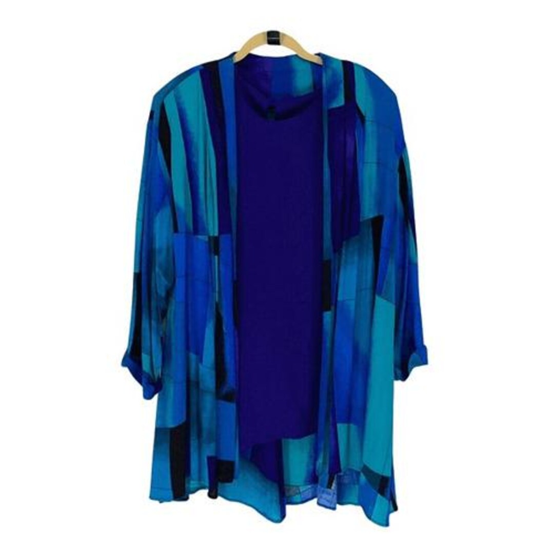 Womens 2 Pc Set Short Sleeve Blouse Printed Duster Cardigan Blue Purple ...