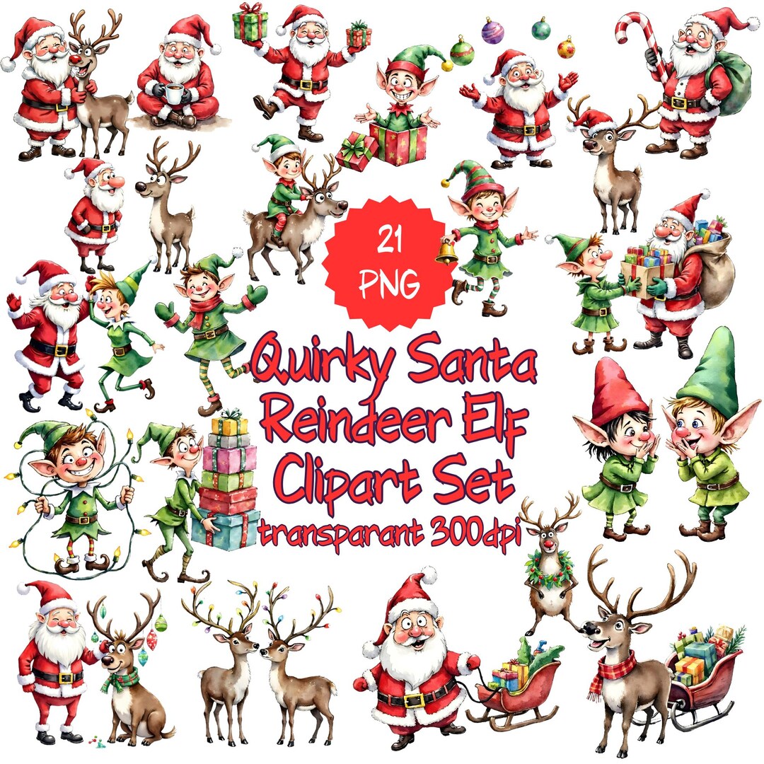 Quirky Santa, Reindeer & Elf Clipart | Funny Christmas Characters PNG ...