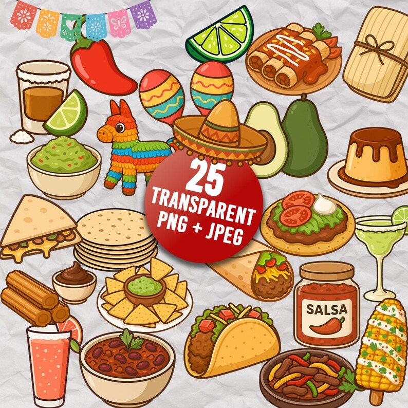 Mexican Food Clipart Pack – 25 Transparent PNG – Colorful Illustrations ...