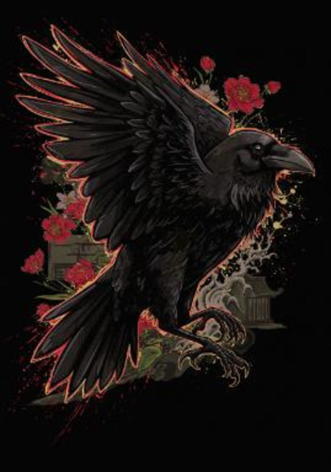 Dark Raven and Red Flowers Art Print – Gothic Crow Wall Decor With ...