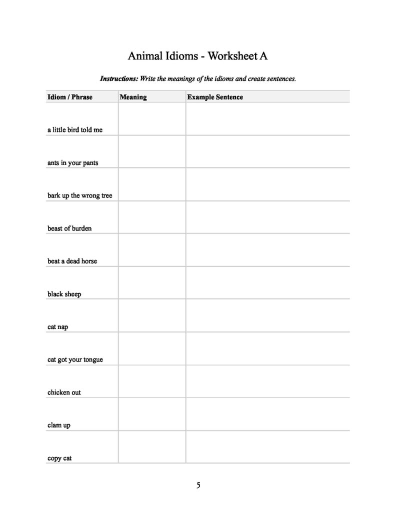 ESL Idioms & Worksheets: English Idioms for Language Learners (PDF ...